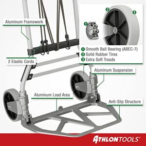 ATHLON TOOLS Aluminium Foldable Hand cart - Up to 330 lb - Smooth-Running Wheels with Soft treads - incl. 2 Expanding Cords