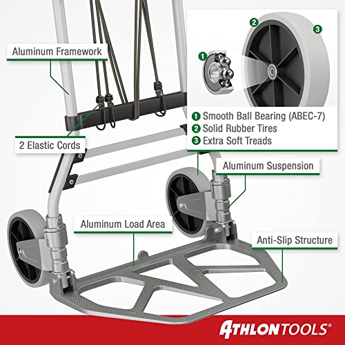 ATHLON TOOLS Aluminium Foldable Hand cart - Up to 330 lb - Smooth-Running Wheels with Soft treads - incl. 2 Expanding Cords