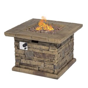 sunbury outdoor propane fire pit, square stonecrest gas fire pit for outside patio, concrete propane fire table 50,000 btu gas fire pit w lava rocks, waterproof cover