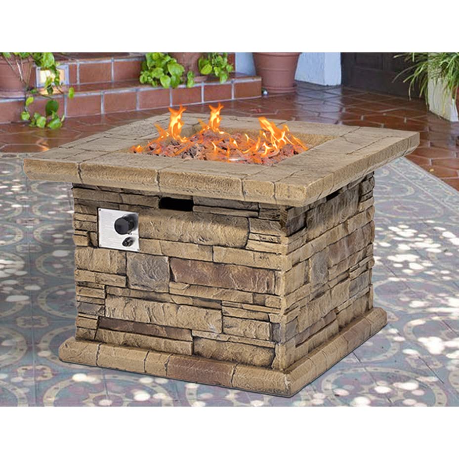 SUNBURY Outdoor Propane Fire Pit, Square Stonecrest Gas Fire Pit for Outside Patio, Concrete Propane Fire Table 50,000 BTU Gas Fire Pit w Lava Rocks, Waterproof Cover