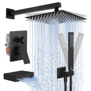 kes shower system with tub spout bath shower faucet set complete 10 inch rain shower with handheld spray pressure balance black, xb6305-bk