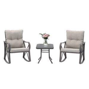 sunbury outdoor furniture 3-piece rocking chair set w warm gray cushion, tempered glass table - elegant patio frame bistro chair for backyard