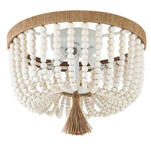 viluxy bohemia wood beaded flush mount ceiling light antique rustic mini chandelier white finishing for bedroom, kitchen island, girl room 3-light