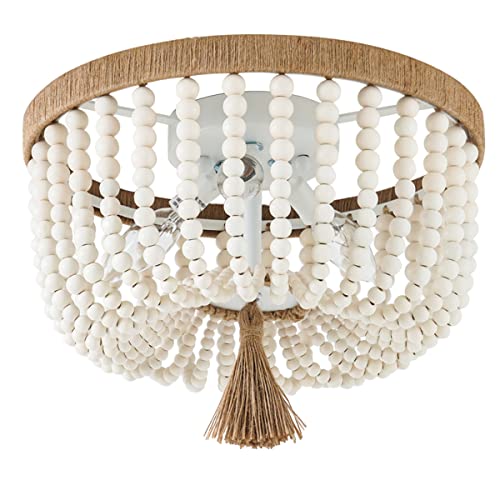 VILUXY Bohemia Wood Beaded Flush Mount Ceiling Light Antique Rustic Mini Chandelier White Finishing for Bedroom, Kitchen Island, Girl Room 3-Light