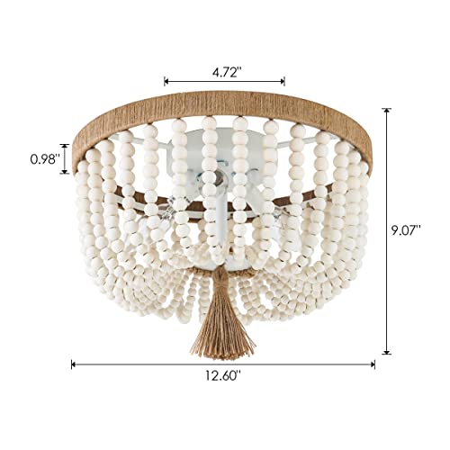 VILUXY Bohemia Wood Beaded Flush Mount Ceiling Light Antique Rustic Mini Chandelier White Finishing for Bedroom, Kitchen Island, Girl Room 3-Light