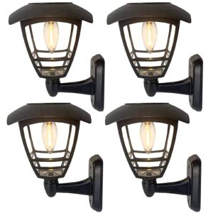 maggift 4 pack solar powered wall lantern, outdoor 10 lumen led edison bulb warm white solar lights wall sconce with no wiring required, fixture with wall mount kit