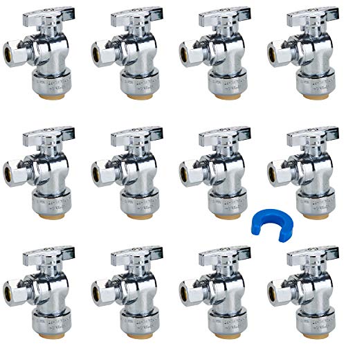 Angle Stop Valve, 12-Pack SUNGATOR Angle Water Shut Off Valve 1/2 x 3/8 Inch Compression, Toilet Water Valve, 1/4 Turn, No Lead Brass Push to Connect Plumbing Fitting, Pushfit, PEX Pipe, Copper, CPVC