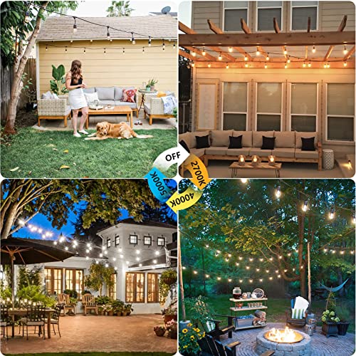 Mlambert 3 Color Outdoor LED Dimmable String Lights for Patio with Remote, Plug in 48FT Waterproof Edison Bulb, Warm White Daylight White Shatterproof Light for Cafe Bistro Pergola