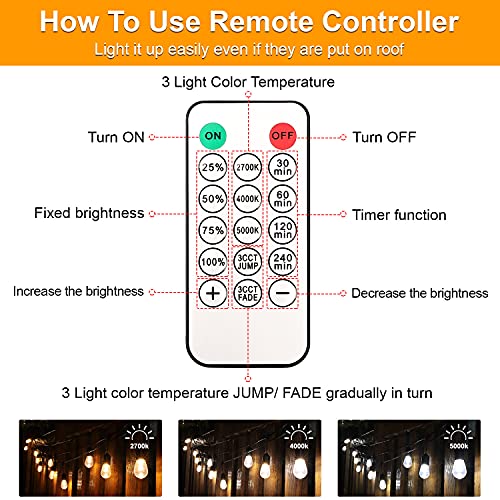 Mlambert 3 Color Outdoor LED Dimmable String Lights for Patio with Remote, Plug in 48FT Waterproof Edison Bulb, Warm White Daylight White Shatterproof Light for Cafe Bistro Pergola