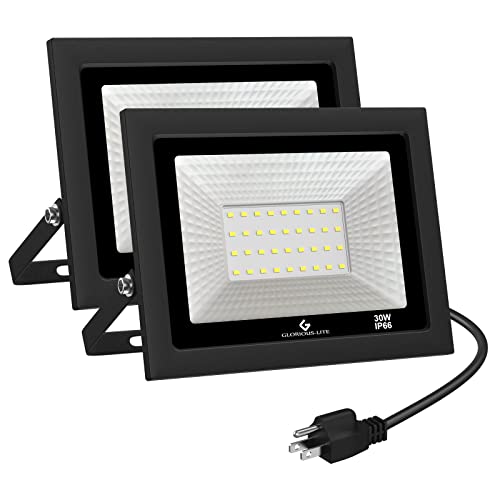 GLORIOUS-LITE LED Flood Lights Outdoor, 50W 5000LM Outside LED Work Light with Plug, 6000K Daylight White, IP66 Waterproof Portable Spot Security Lights for Garage, Yard, Garden, Playground(2 Pack)