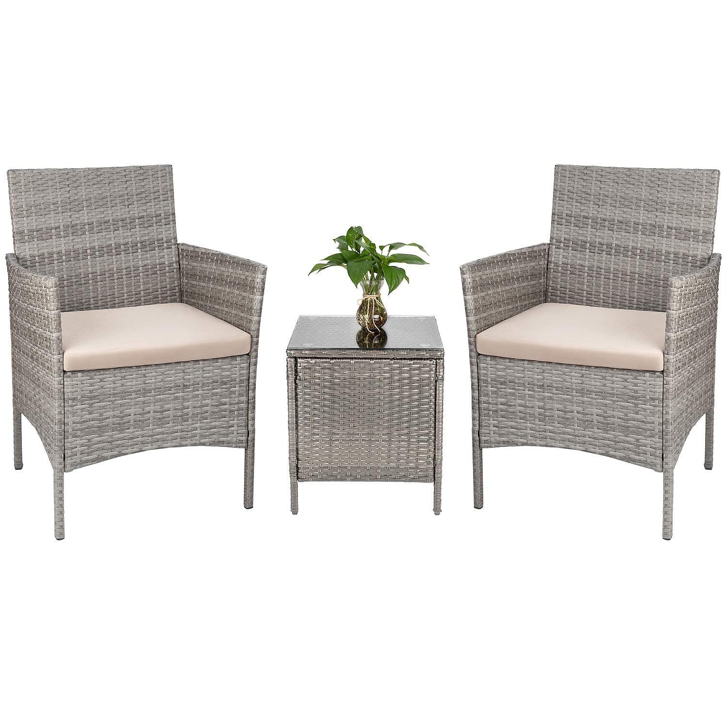 Tuoze 3 Pieces Furniture Rattan Outdoor Conversation Patio Set with Table Chairs Backyard Porch Decor, Grey