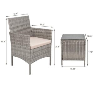 Tuoze 3 Pieces Furniture Rattan Outdoor Conversation Patio Set with Table Chairs Backyard Porch Decor, Grey