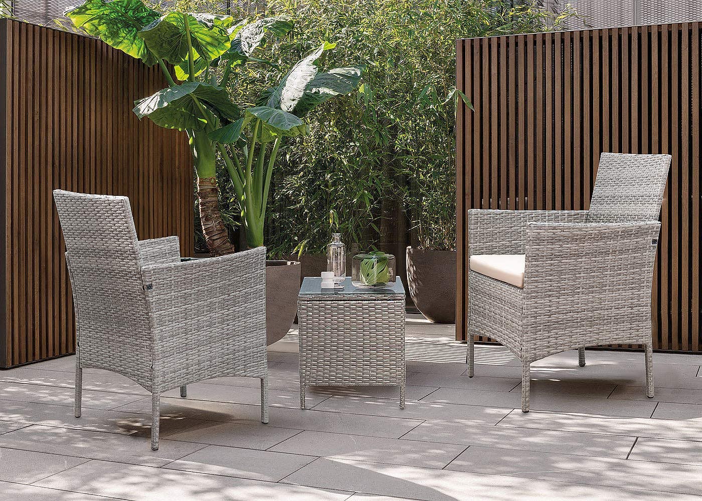 Tuoze 3 Pieces Furniture Rattan Outdoor Conversation Patio Set with Table Chairs Backyard Porch Decor, Grey