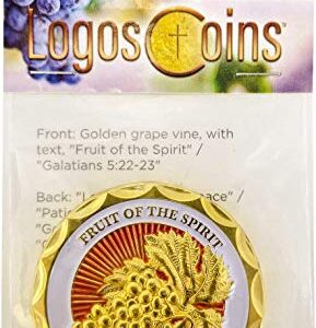 Fruit of The Spirit, Memory Verse Tokens for Bible Studies & Sunday School, Love Joy Peace, Gold-Color Plated Scripture Challenge Coin, Galatians 5:22-23 Gift