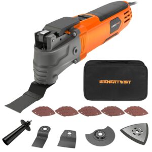 enertwist oscillating tool, 4.2 amp oscillating multitool kit with 5° oscillation angle, 6 variable speed, 31pcs saw accessories, auxiliary handle and carrying bag, et-om-500