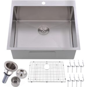 valisy 25 x 22 x 9 inch drop in topmount stainless steel brushed nickel single bowl kitchen sink extra-thick 16 gauge, rv kitchen sink with dish grid and basket strainer