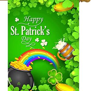 ShineSnow Happy St Patrick's Day Shamrock Spring Clover Lucky Rainbow Coin Pot House Flag 28" x 40" Double Sided Polyester Welcome Large Yard Garden Flag Banners for Patio Lawn Home Outdoor Decor