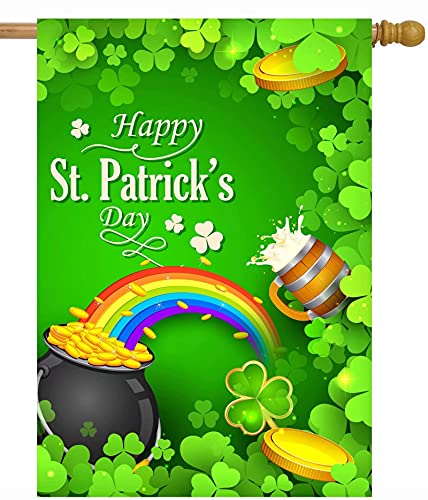 ShineSnow Happy St Patrick's Day Shamrock Spring Clover Lucky Rainbow Coin Pot House Flag 28" x 40" Double Sided Polyester Welcome Large Yard Garden Flag Banners for Patio Lawn Home Outdoor Decor