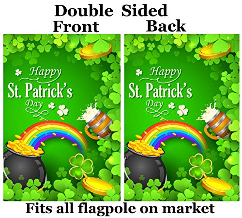 ShineSnow Happy St Patrick's Day Shamrock Spring Clover Lucky Rainbow Coin Pot House Flag 28" x 40" Double Sided Polyester Welcome Large Yard Garden Flag Banners for Patio Lawn Home Outdoor Decor