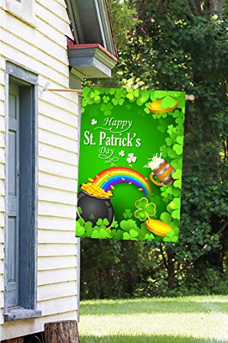 ShineSnow Happy St Patrick's Day Shamrock Spring Clover Lucky Rainbow Coin Pot House Flag 28" x 40" Double Sided Polyester Welcome Large Yard Garden Flag Banners for Patio Lawn Home Outdoor Decor