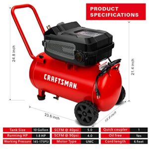 Craftsman Air Compressor, 10 Gallon 1.8 HP Max 175 PSI Pressure, Powerful and Portable Oil Free Compressor, Maintenance Free, for Home, Garage, Workshop, Model: CMXECXA0201041