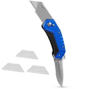 birdrock home premium folding utility knife with sport blade – small compact pocket – folding box cutter tool – 3 extra razor blades – cut cardboard boxes – locking safety knife set – heavy duty