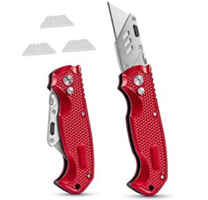 birdrock home premium folding utility knife – small compact pocket – folding box cutter tool – 3 extra razor blades – cut cardboard boxes – locking safety knife set – heavy duty