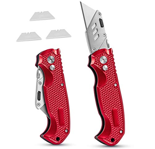 BirdRock Home Premium Folding Utility Knife – Small Compact Pocket – Folding Box Cutter Tool – 3 Extra Razor Blades – Cut Cardboard Boxes – Locking Safety Knife Set – Heavy Duty