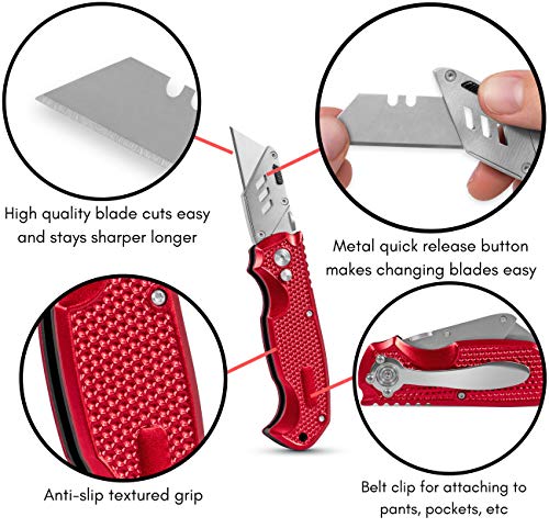 BirdRock Home Premium Folding Utility Knife – Small Compact Pocket – Folding Box Cutter Tool – 3 Extra Razor Blades – Cut Cardboard Boxes – Locking Safety Knife Set – Heavy Duty