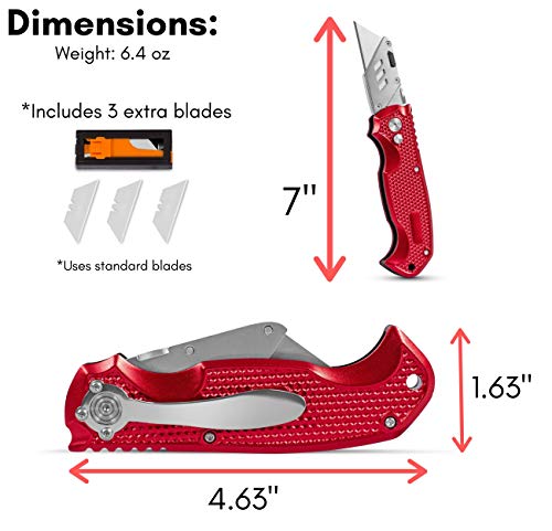 BirdRock Home Premium Folding Utility Knife – Small Compact Pocket – Folding Box Cutter Tool – 3 Extra Razor Blades – Cut Cardboard Boxes – Locking Safety Knife Set – Heavy Duty