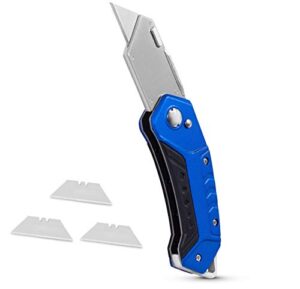 birdrock home premium folding utility knife – small compact pocket – folding box cutter tool – 3 extra razor blades – cut cardboard boxes – locking safety knife set – heavy duty aluminum body