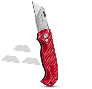 birdrock home premium utility knife - retractable razor knife set - 3 extra blade refills - box cutter locking razor knife (premium utility knife - red)