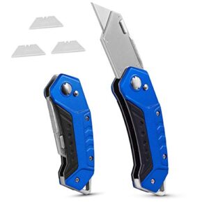 birdrock home premium folding utility knife – 2 pack - small compact pocket – folding box cutter tool – 3 extra razor blades – cut cardboard boxes – locking safety knife set