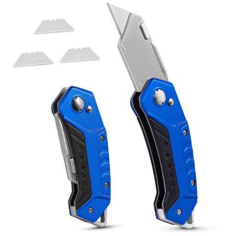 BirdRock Home Premium Folding Utility Knife – 2 Pack - Small Compact Pocket – Folding Box Cutter Tool – 3 Extra Razor Blades – Cut Cardboard Boxes – Locking Safety Knife Set