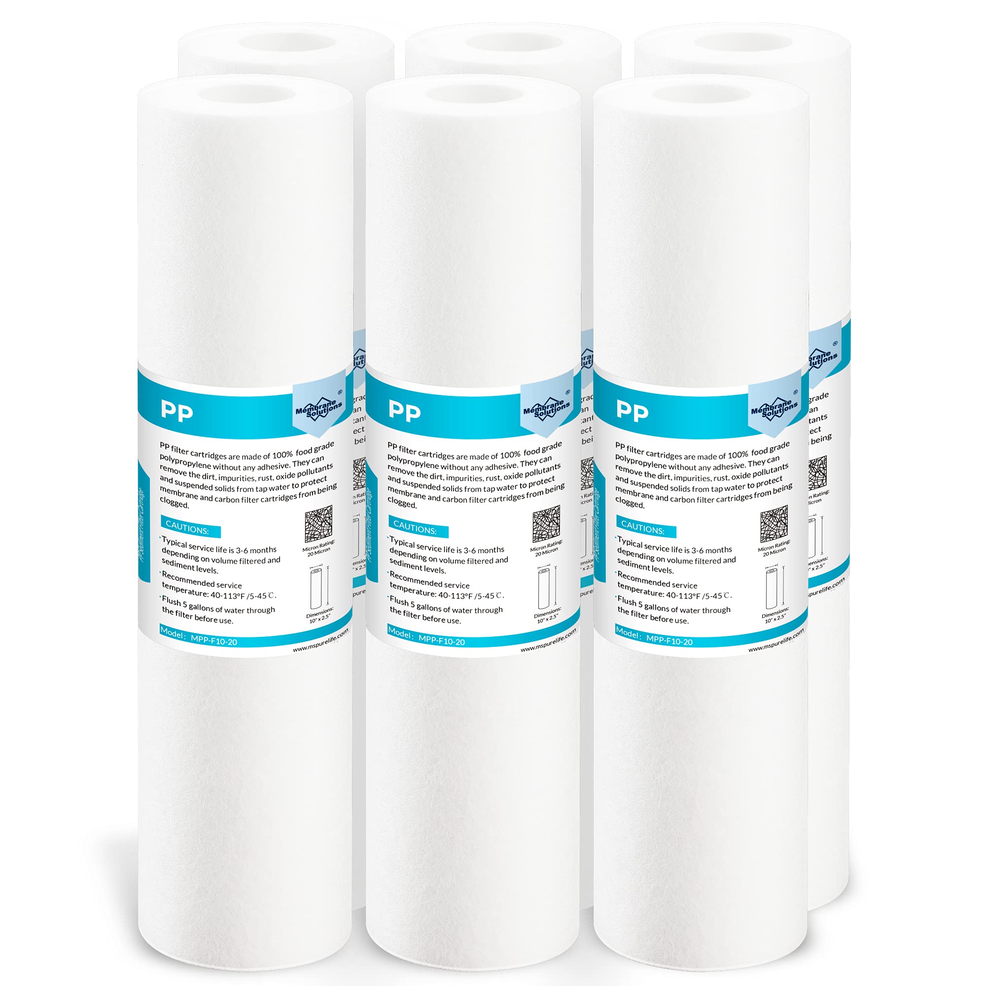 Membrane Solutions 20 Micron Sediment Water Filter Replacement Polypropylene Cartridge 10"x 2.5" for Whole House RO System, Compatible with Aqua-Pure AP110, GE FXUSC,WHKF-GD05,Culligan P5-6 Pack