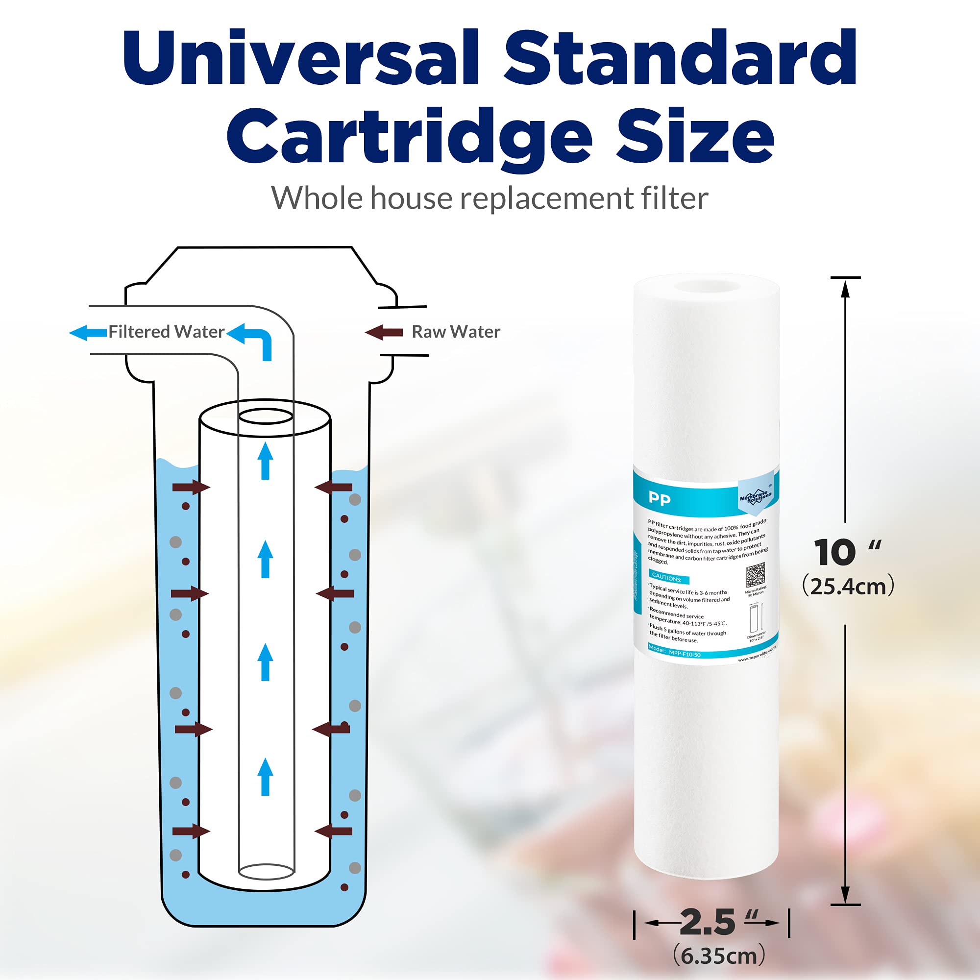 Membrane Solutions 20 Micron Sediment Water Filter Replacement Polypropylene Cartridge 10"x 2.5" for Whole House RO System, Compatible with Aqua-Pure AP110, GE FXUSC,WHKF-GD05,Culligan P5-6 Pack