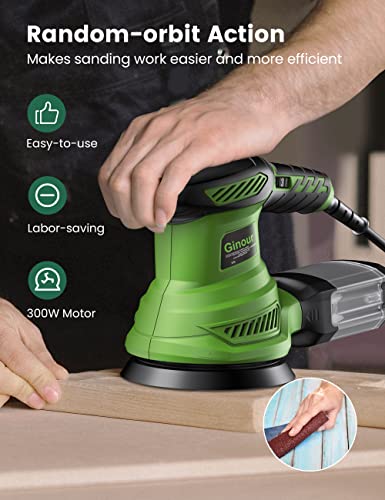 Orbital Sander, Ginour 300W Powerful Random Orbital Sanders, 6 Variable Speed 6000-13000RPM Electric Palm Sander with Transparent Dust Box, 15PCS Sandpaper, Sponge, Wool Disc, Sanders for Woodworking