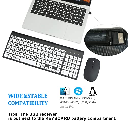 Full Size Large Print 2.4g Wireless Keyboard and Mouse with Oversized Print for Kids Visually Impaired Low Vision Individuals (Black)