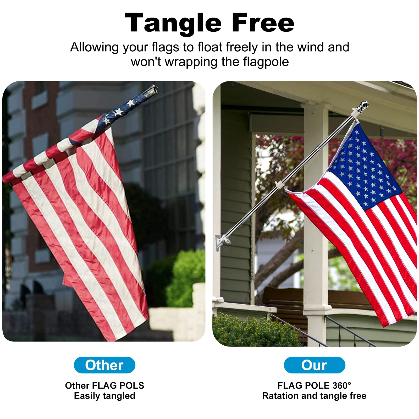 GLORYA 5ft Flag Pole with Holder - 1" American Flag Pole Kit for Outdoor - House Tangle-Free Flag Pole with Clips - Stainless Steel Wall Mounted Spinning Flag Pole for Residential and Commercial