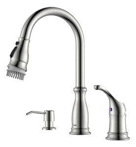 appaso 3 hole kitchen faucet with pull down sprayer stainless steel brushed nickel, 2 hole pull out kitchen sink faucet with side single handle and soap dispenser, 211bn