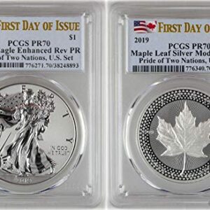 2019 W Pride of Two Nations 2019 Pride of Two Nations Enhanced Reverse Proof American Silver Eagle and Modified Proof Canadian Maple Leaf 2-Coin U.S. Set, PR70, First Day of Issue, PCGS PR-70