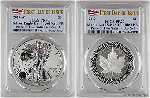 2019 W Pride of Two Nations 2019 Pride of Two Nations Enhanced Reverse Proof American Silver Eagle and Modified Proof Canadian Maple Leaf 2-Coin U.S. Set, PR70, First Day of Issue, PCGS PR-70