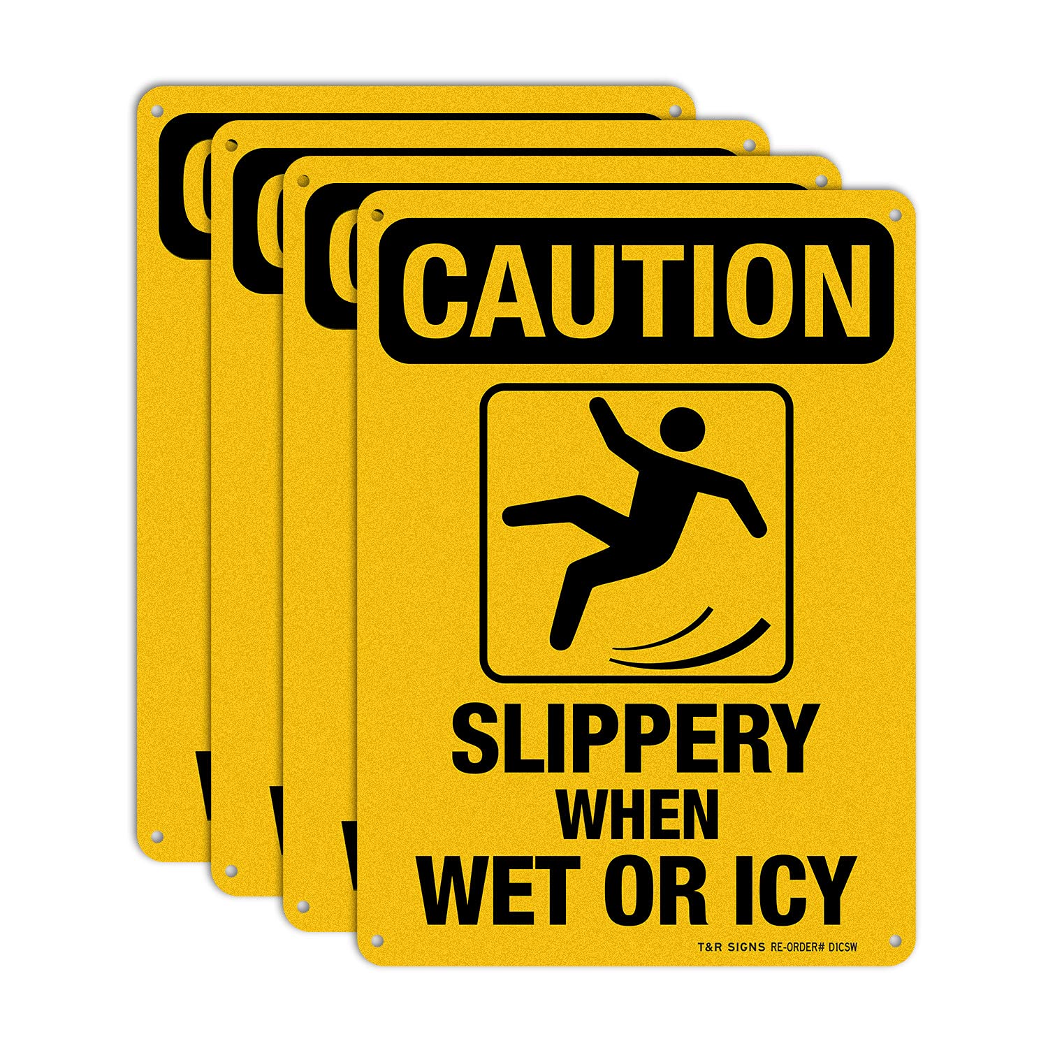 Slippery When Wet Or ICY Sign, Caution Sign, 4 Pack, 10" x 7" Rust Free .040 Aluminum, UV Protected, Waterproof, Weatherproof and Fade Resistant, 4 Pre-drilled Holes