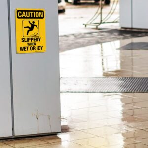 Slippery When Wet Or ICY Sign, Caution Sign, 4 Pack, 10" x 7" Rust Free .040 Aluminum, UV Protected, Waterproof, Weatherproof and Fade Resistant, 4 Pre-drilled Holes