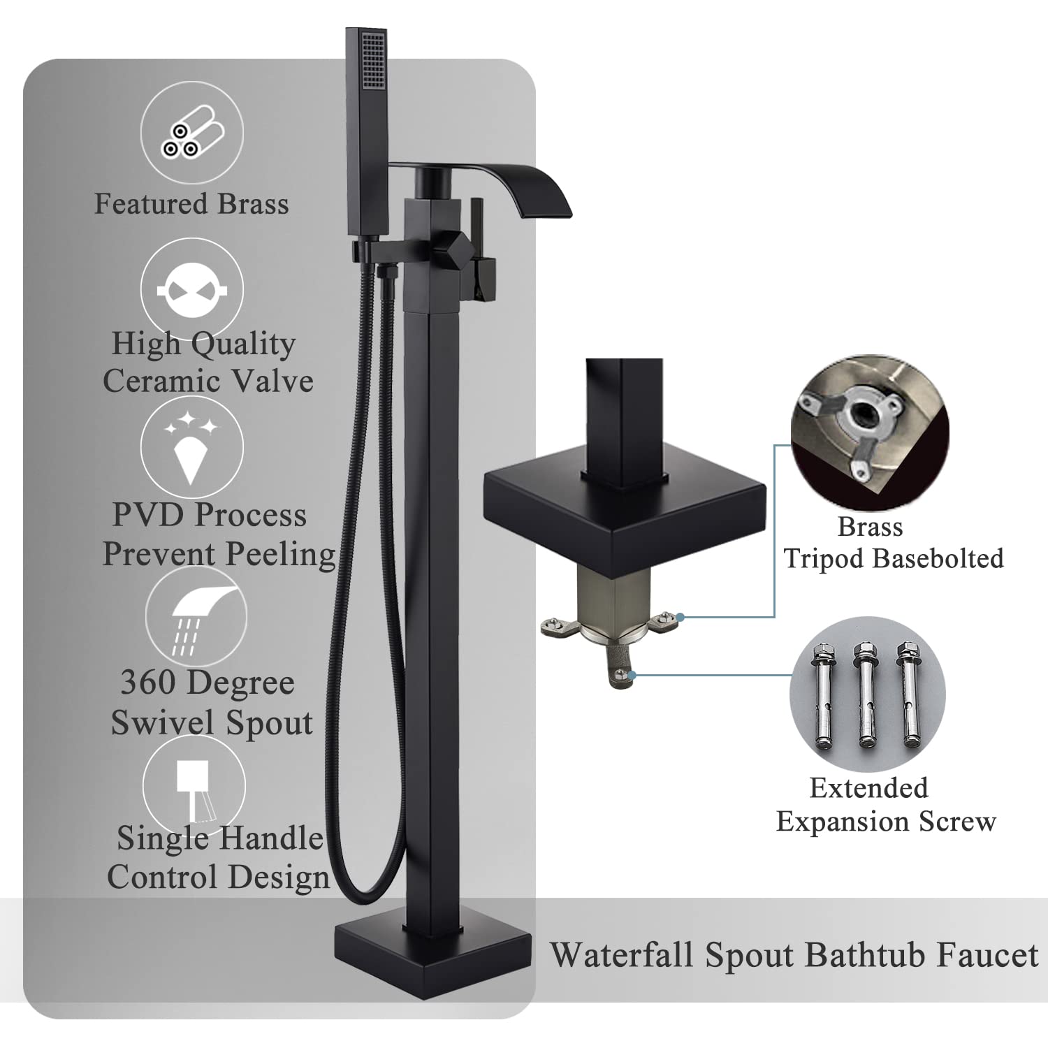 Senlesen Free Standing Tub Faucet Matte Black Floor Mounted Tub Filler Faucet Brass Bathroom Tub Faucets with Hand Shower