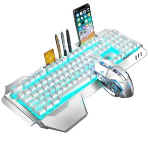 wireless keyboard and mouse,blue led backlit rechargeable keyboard mouse with 3800mah battery metal panel,removable hand rest mechanical feel keyboard and 7 color gaming mute mouse for pc gamers