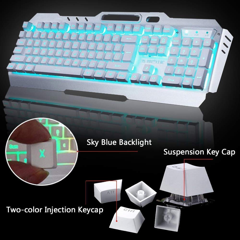 Wireless Keyboard and Mouse,Blue LED Backlit Rechargeable Keyboard Mouse with 3800mAh Battery Metal Panel,Removable Hand Rest Mechanical Feel Keyboard and 7 Color Gaming Mute Mouse for PC Gamers