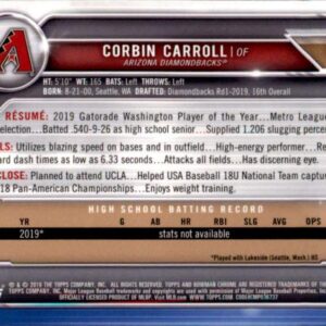 2019 Bowman Draft Chrome#BDC-125 Corbin Carroll Arizona Diamondbacks Baseball Card