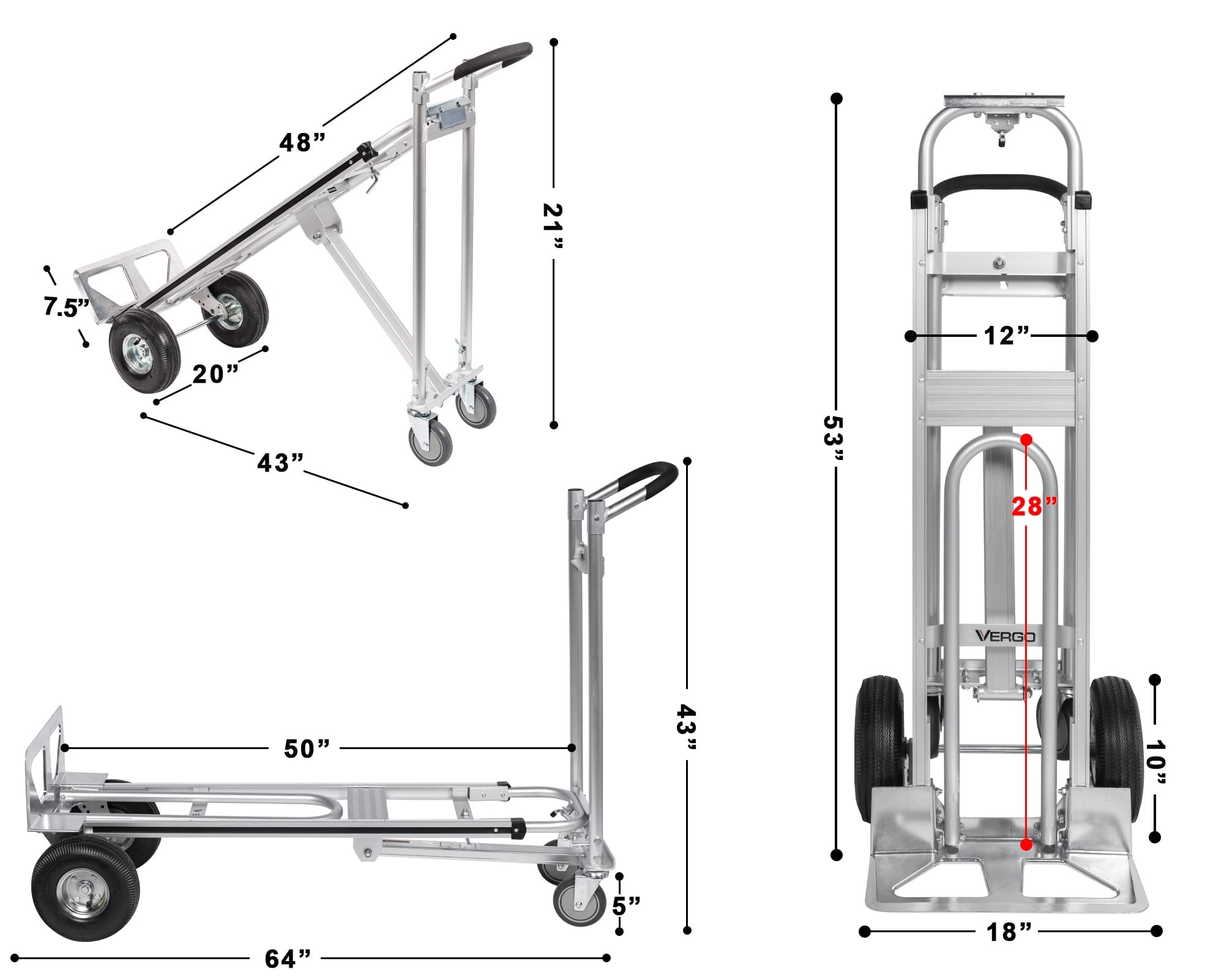 Vergo Industrial AS7A2 Aluminum Convertible Hand Truck Dolly Cart with Loop Handle 700 lbs Capacity (3 Positions, 53" High)