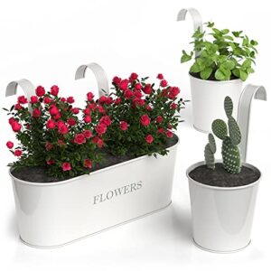 barnyard designs metal wall planter, indoor outdoor hanging plant pot decor, rustic herb flower plant holder, white, large: 11.25" x 4.25” x 3.75”, small: 4.30” x 4”, set of 3